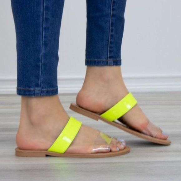Shoes | Neon Yellow Clear Transpare Strap Flat Sandals | Poshmark
